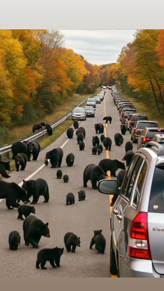 Dozens of bears burst out of the forest onto a busy highway, causing a ...